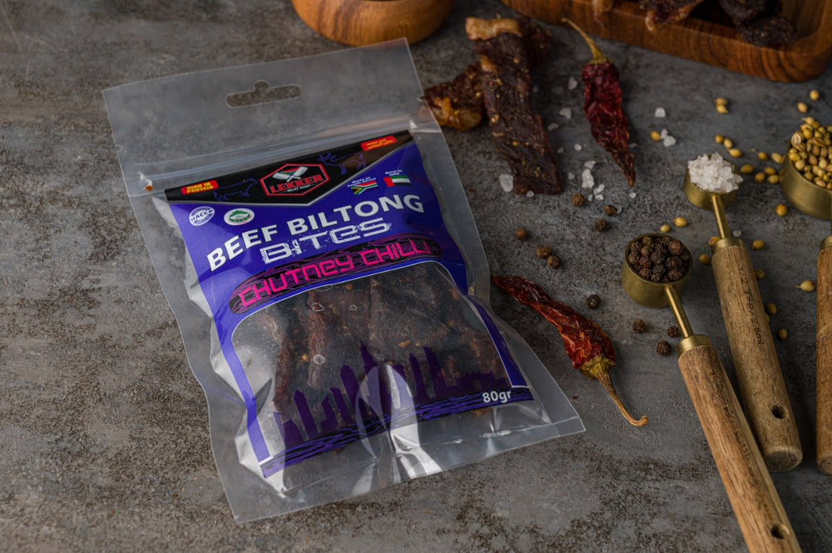 LEKKER BEEF BILTONG BITES CHUTNEY & CHILLI 80g – Hyperama - South ...